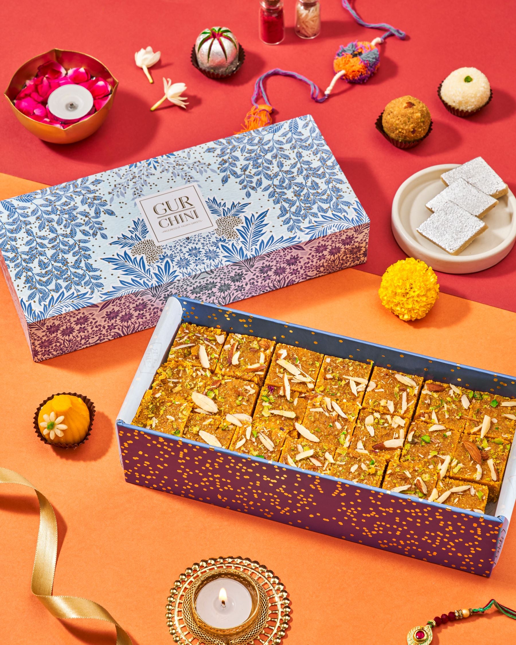 Rakhi Celebration With Luxury Besan Dry Fruit Burfi In Blue Dior Box