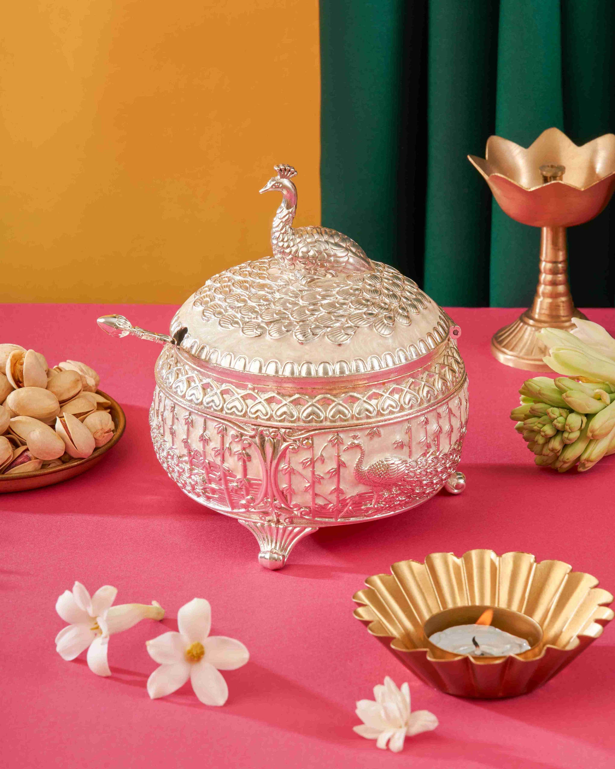 LUXURY SILVERWARE , HANDCRAFTED SILVER PEACOCK BOWL WITH SPOON.